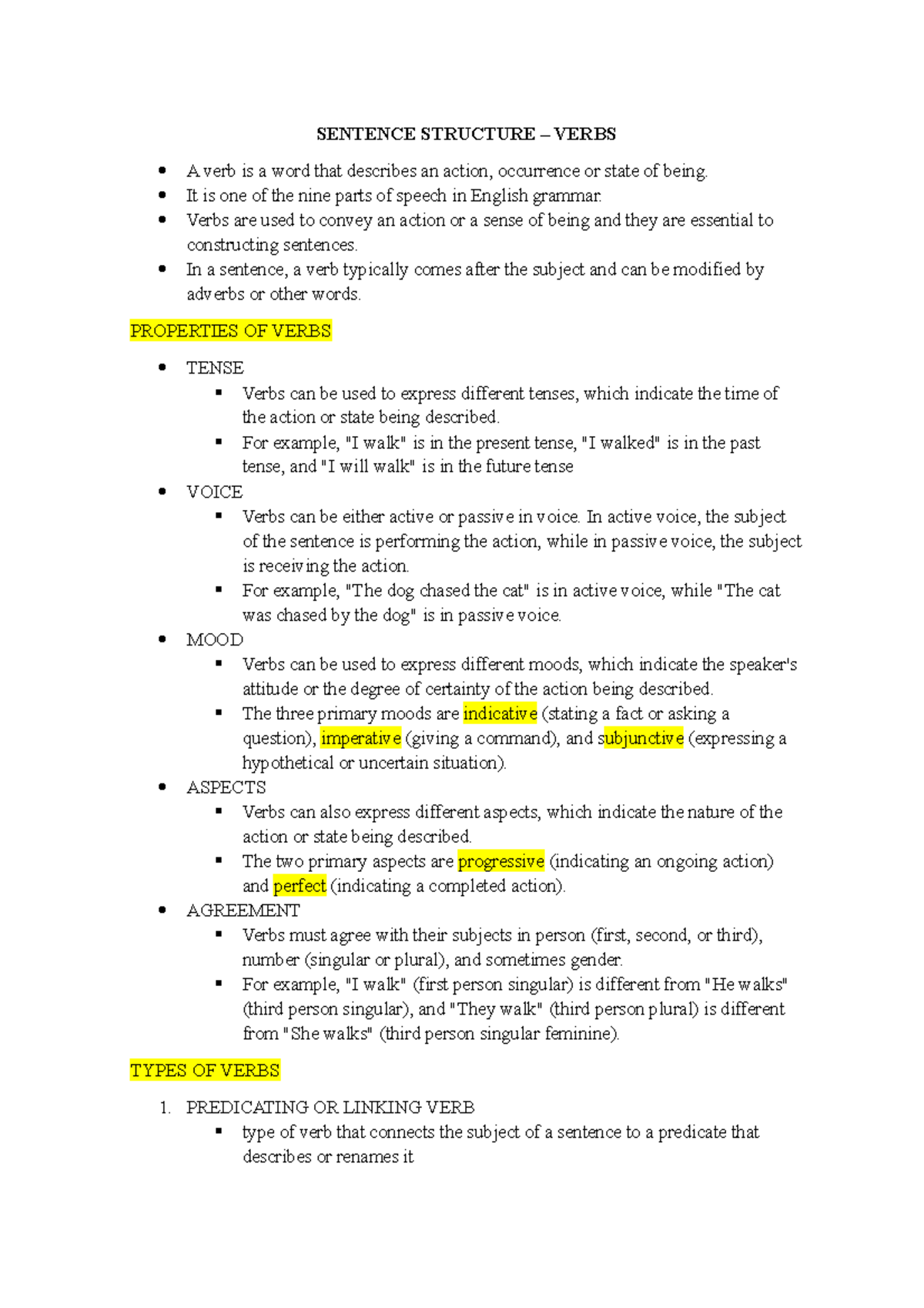 Sentence Structure – Verbs - SENTENCE STRUCTURE – VERBS A verb is a ...