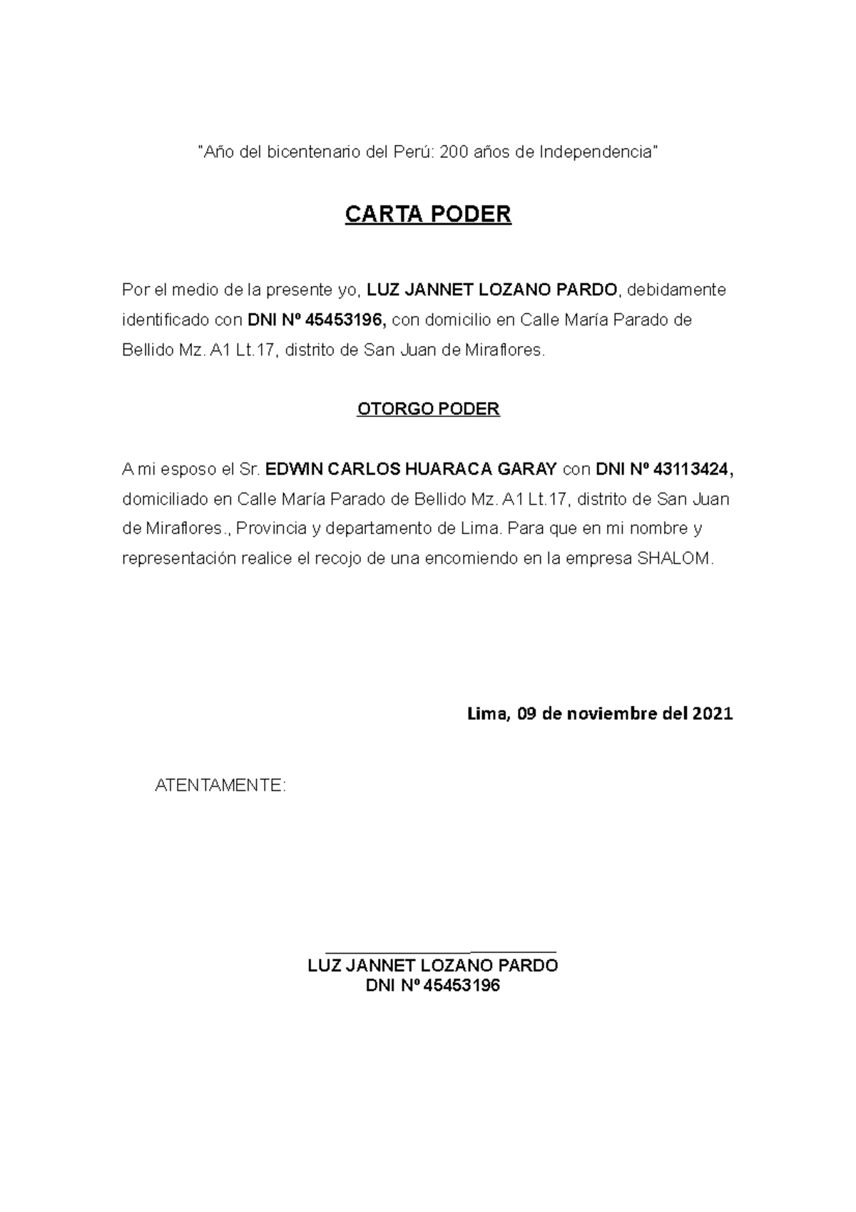 Carta poder - asdaeqweasdasd - “Año del bicentenario del Perú: 200 años ...