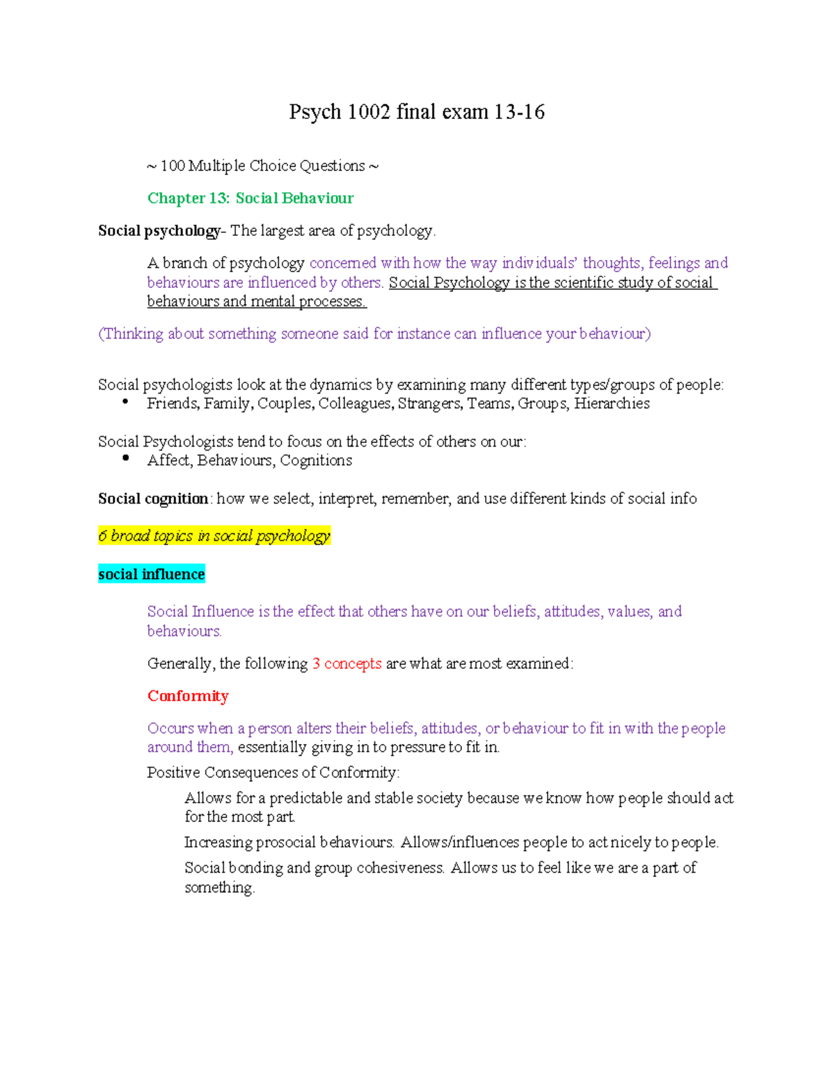 Psych 1002 final exam 13-16 - Psych 1002 final exam 13- ~ 100 Multiple Choice Questions ...