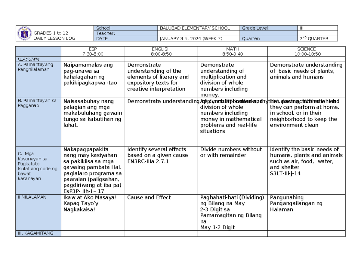Week 7 day 5 - GRADES 1 to 12 DAILY LESSON LOG School: BALUBAD ...