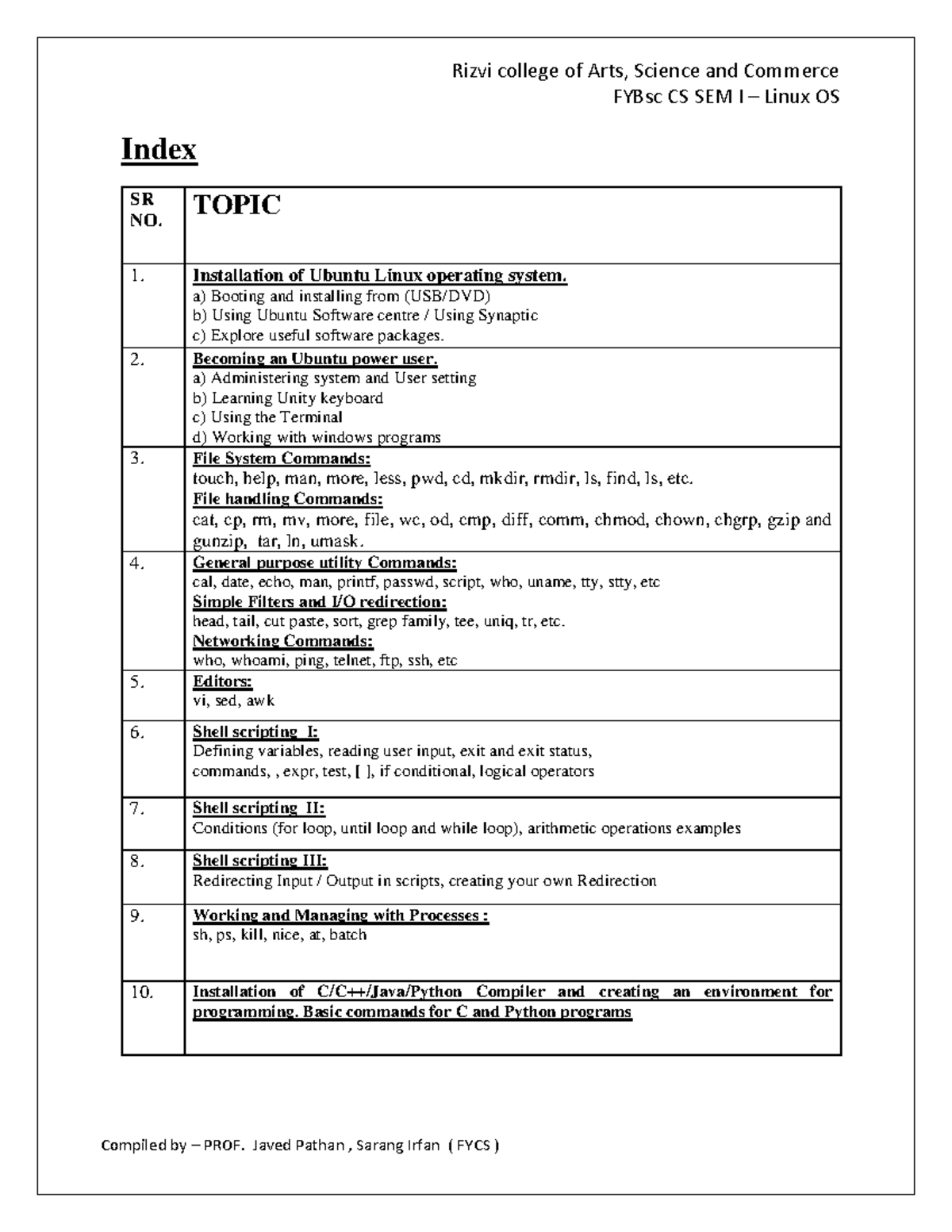 Linux journal soft copy - FYBsc CS SEM I – Linux OS Index SR NO. TOPIC ...