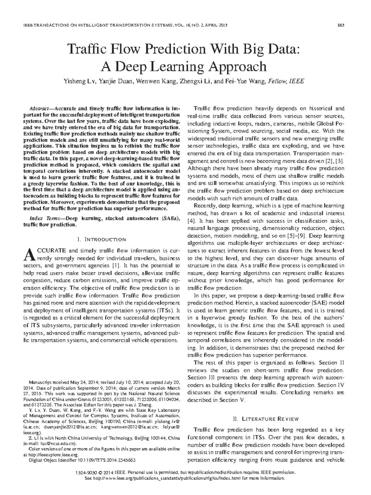 Traffic Flow Prediction With Big Data A Deep Learning Approach Traffic Flow Prediction With