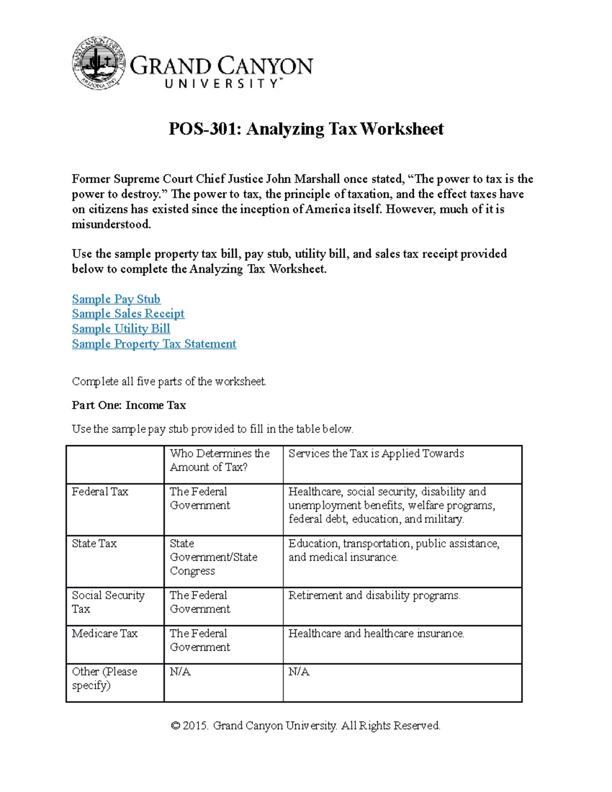 Analyzing Tax Worksheet - POS-301: Analyzing Tax Worksheet Former ...