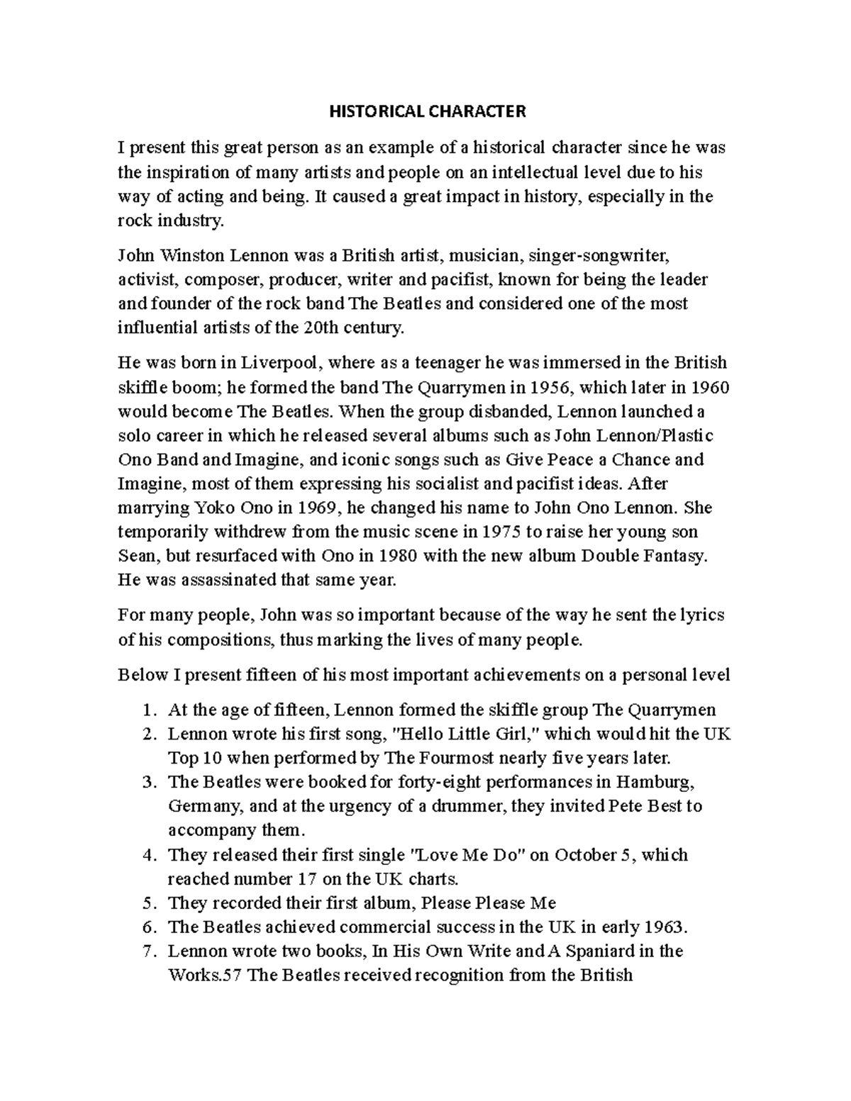 Historical Character - ingles - HISTORICAL CHARACTER I present this ...