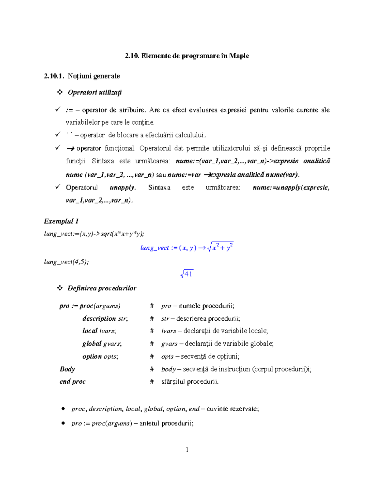 2.10. Elemente de programare în Maple - Elemente de programare în Maple 2.10. Noţiuni generale ...