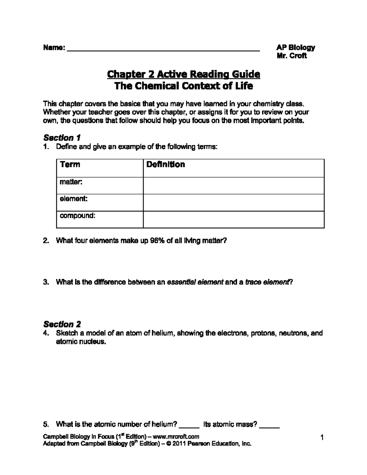 Chapter 2 Guided Reading 1-8 - Name: AP Biology Mr. Croft Chapter 2 ...