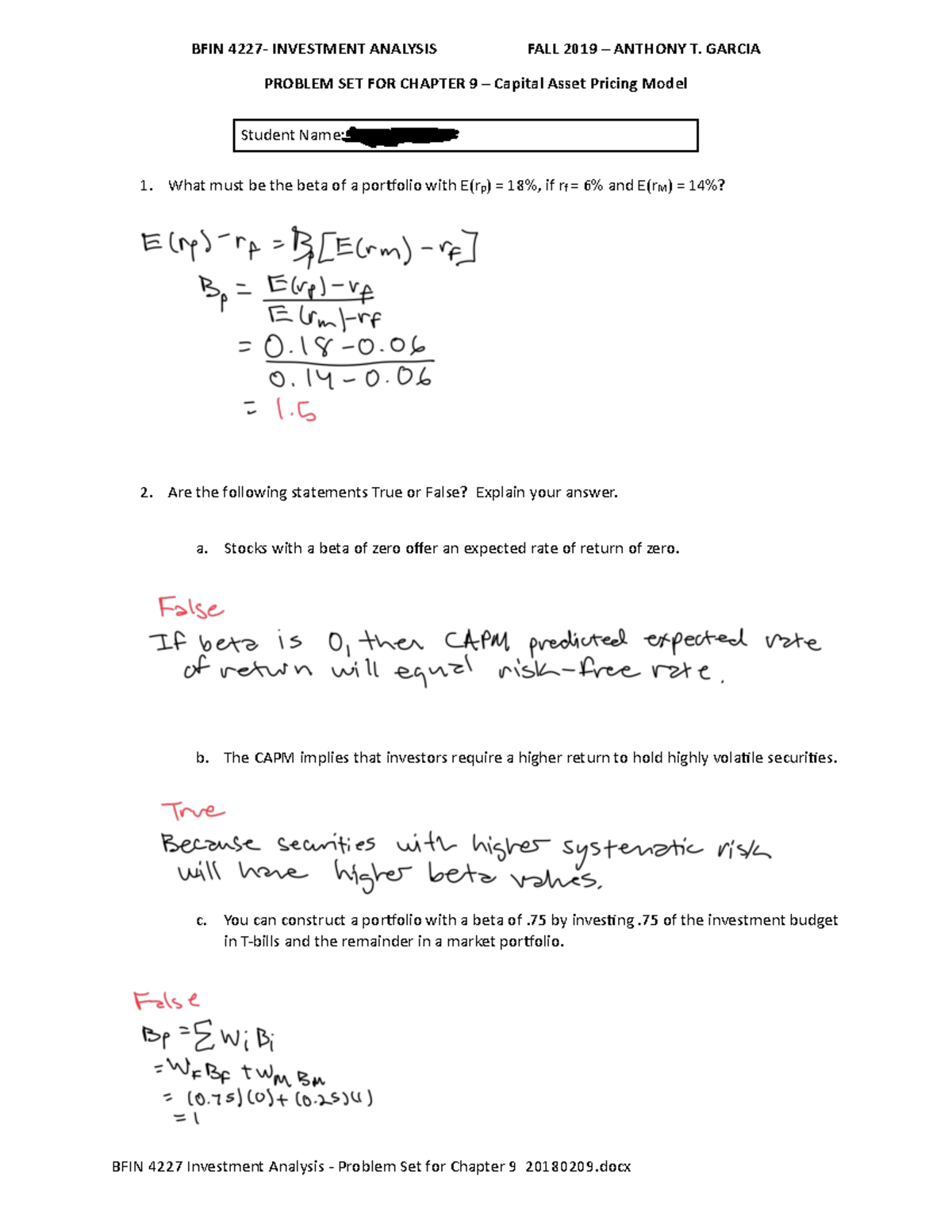 BFIN 4227 Investment Analysis - Problem Set for Chapter 9 2018 0209 ...