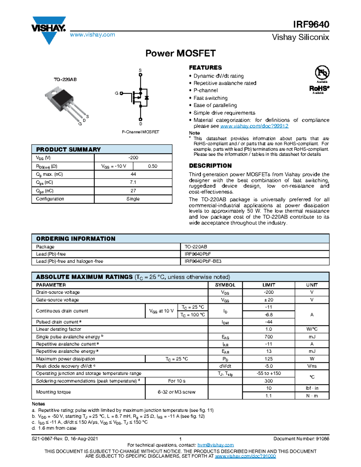 Irf9640 - vishay Vishay Siliconix S21-0867-Rev. D, 16-Aug-2021 1 ...