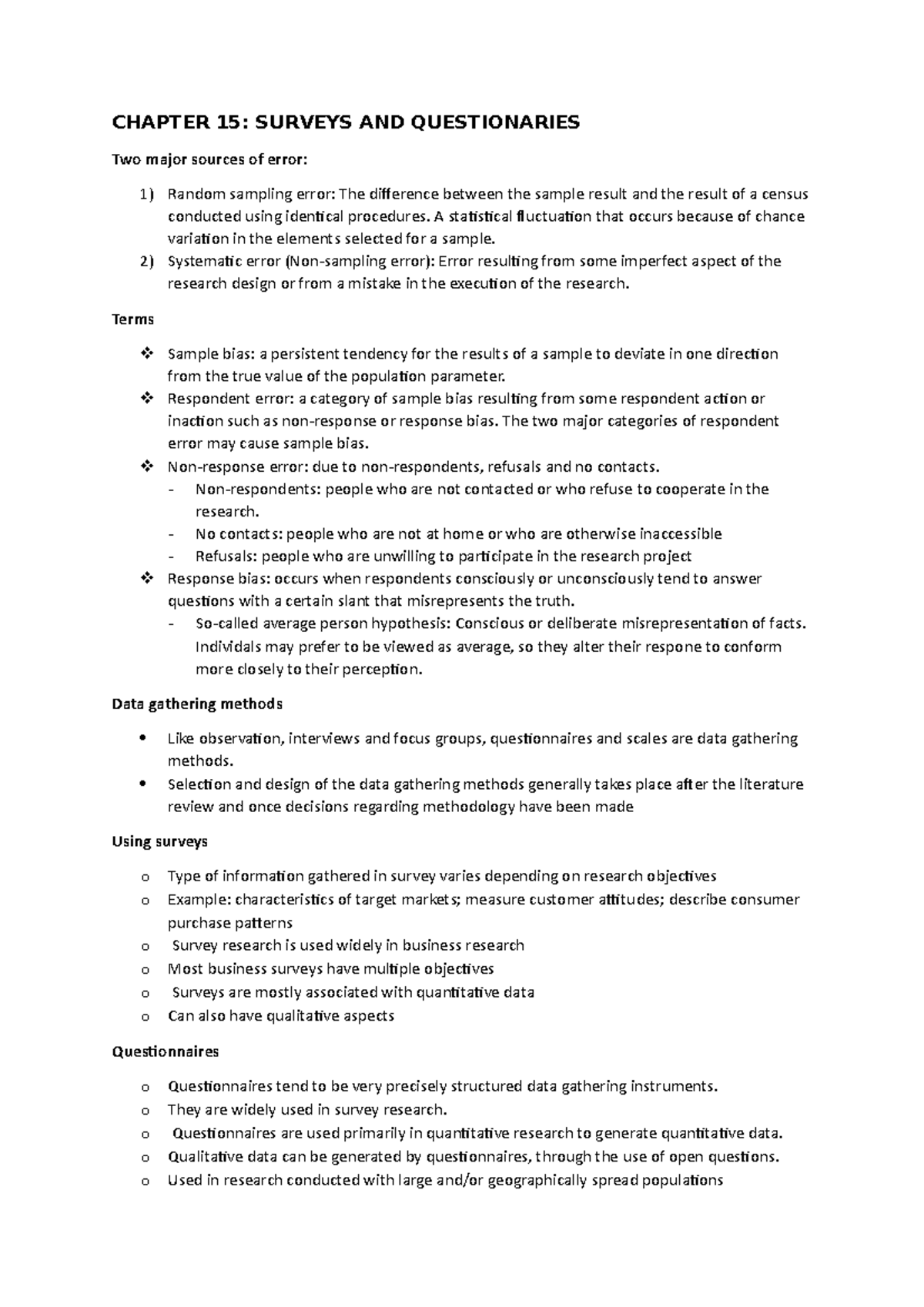 BEM 314 Chapter 15 - CHAPTER 15: SURVEYS AND QUESTIONARIES Two major ...