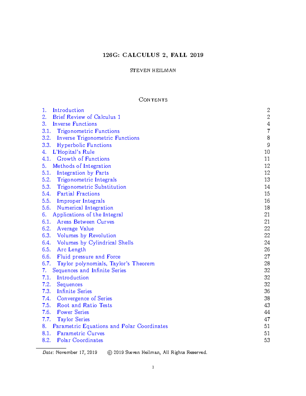 Calculus 2 Prof. notes - STEVEN HEILMAN 126G: CALCULUS 2, FALL ...