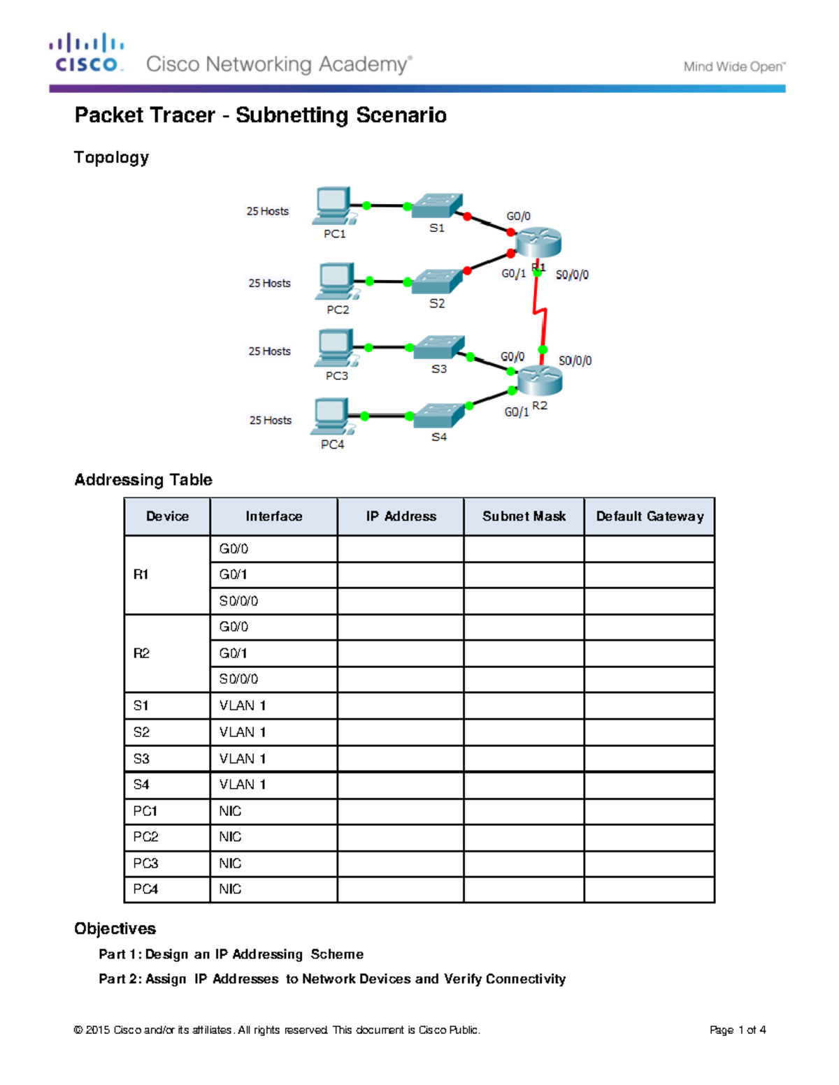 8.1.4.7 Packet Tracer - Subnetting Scenario - Topology Addressing Table Device Interface IP ...