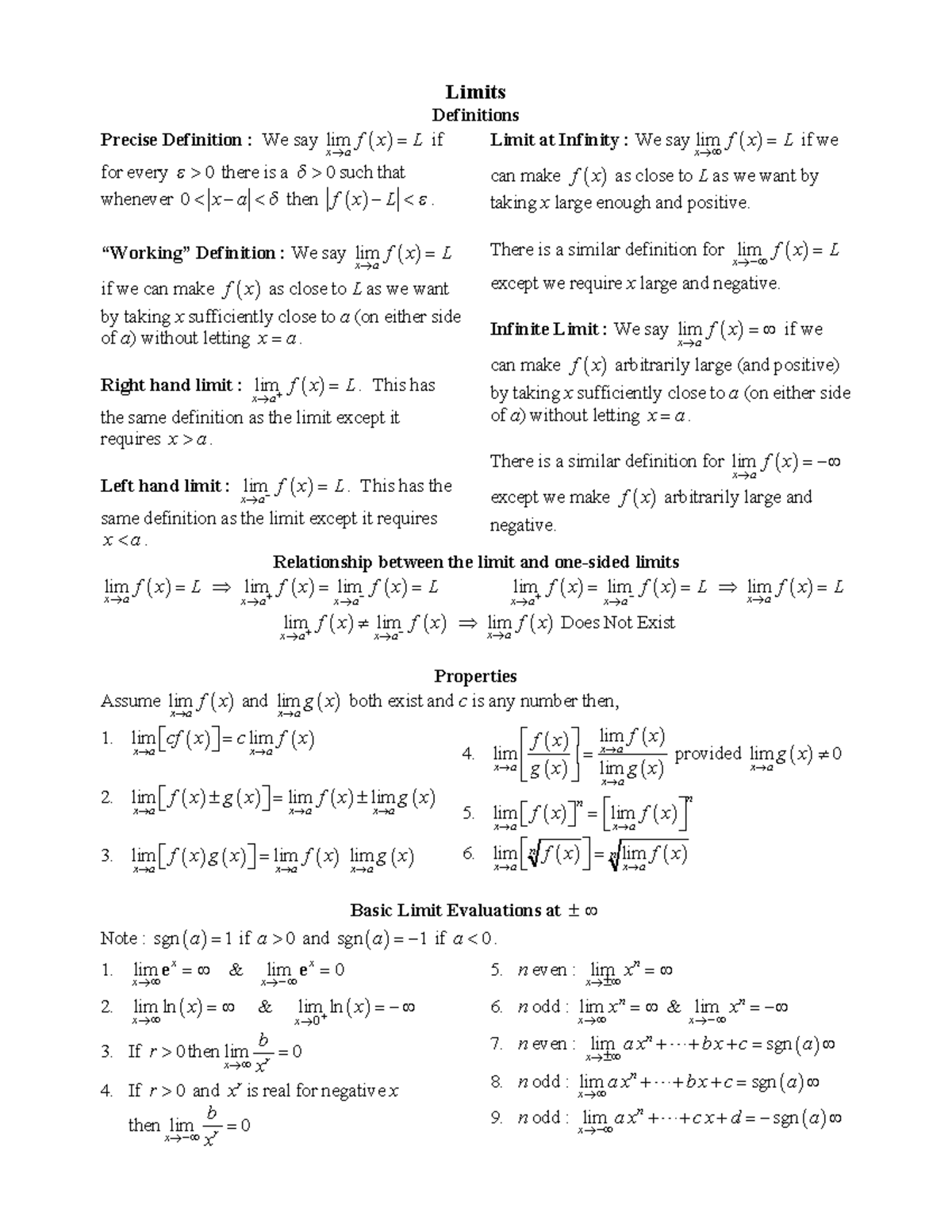 Calculus - Complete Summary of Topics - Limits Definitions Precise ...