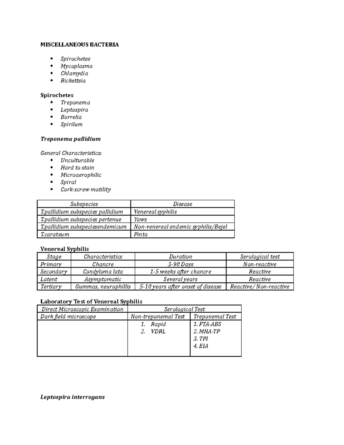 Miscellaneous- Bacteria - MISCELLANEOUS BACTERIA Spirochetes Mycoplasma ...