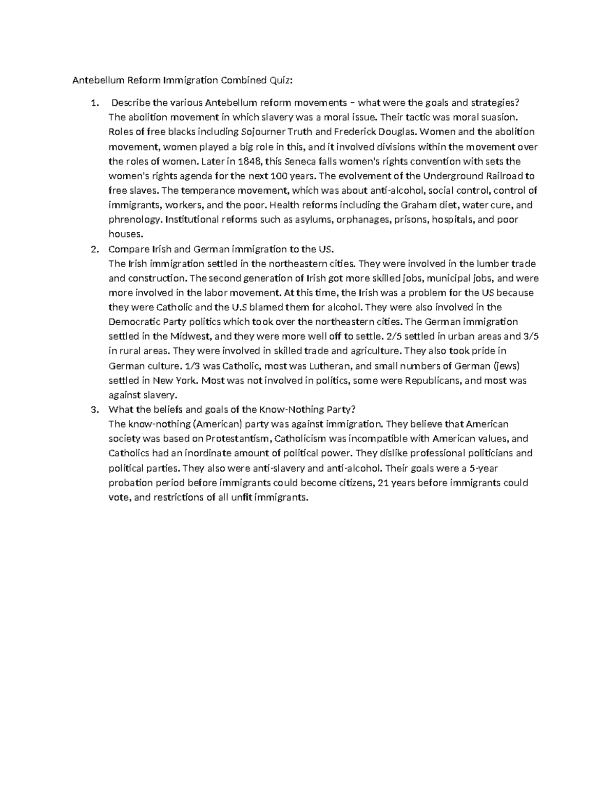 Antebellum Reform Immigration Combined Quiz - Describe the various ...
