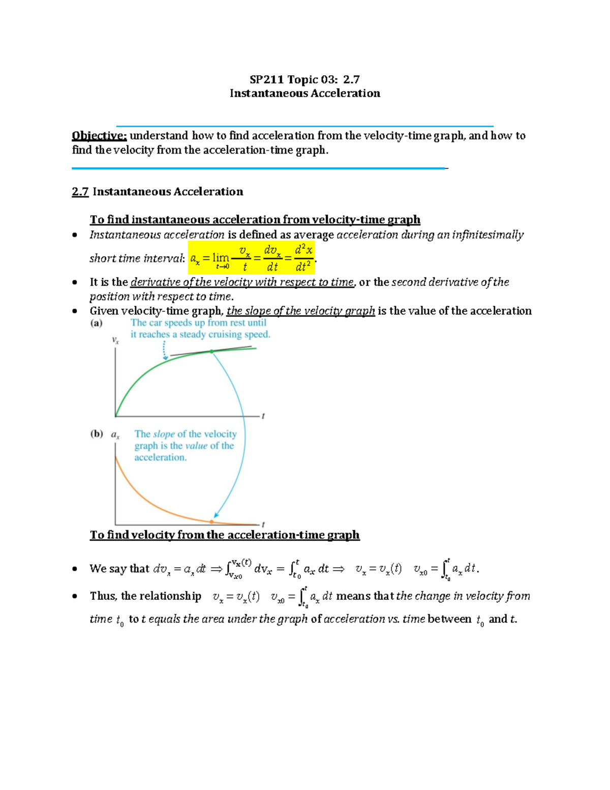 Topic 03 worksheet - SP211 Topic 03: 2. Instantaneous Acceleration ...