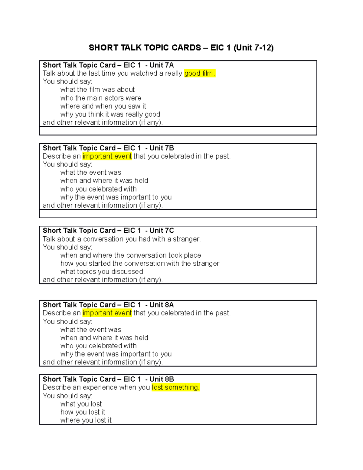 Short Talk Topic Cards EIC 1 Units 7 12 - SHORT TALK TOPIC CARDS – EIC ...