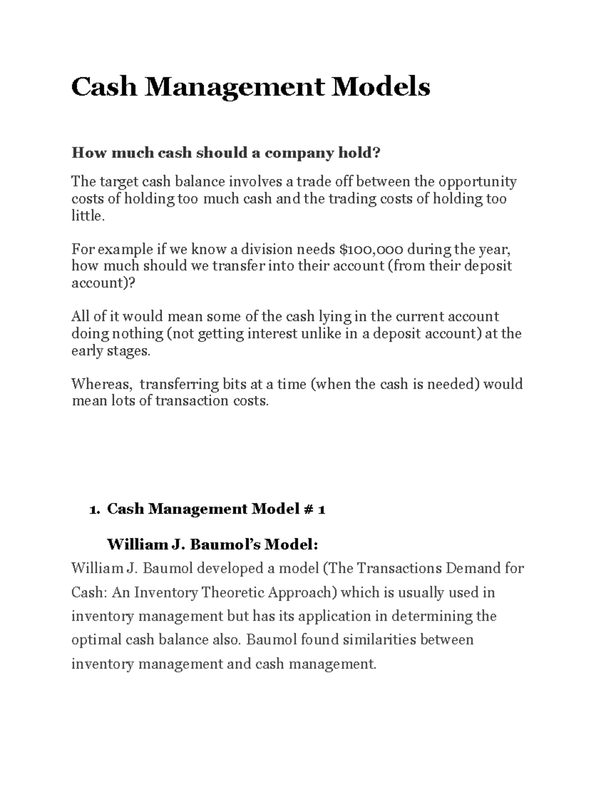 Week 8 notes - Cash Management Models - Cash Management Models How much ...