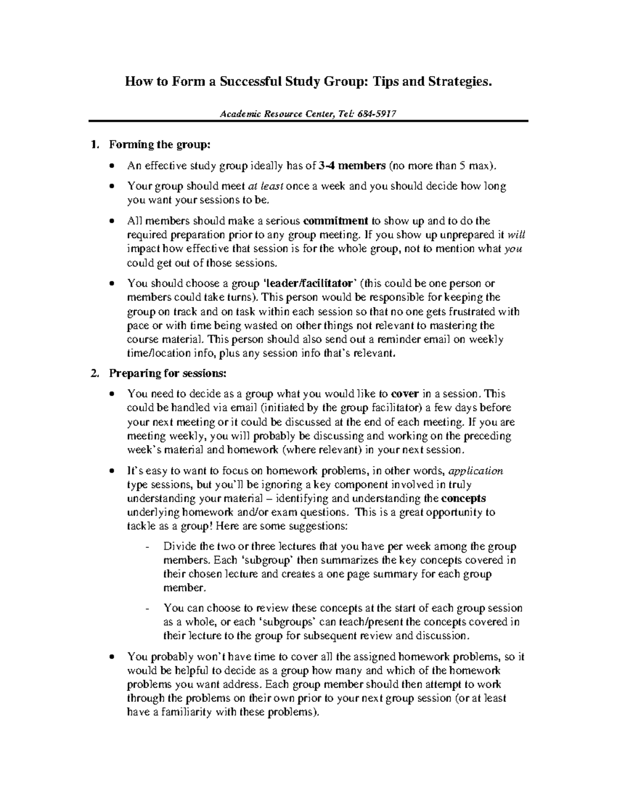 How to Form a Successful Study Group - Academic Resource Center, Tel ...