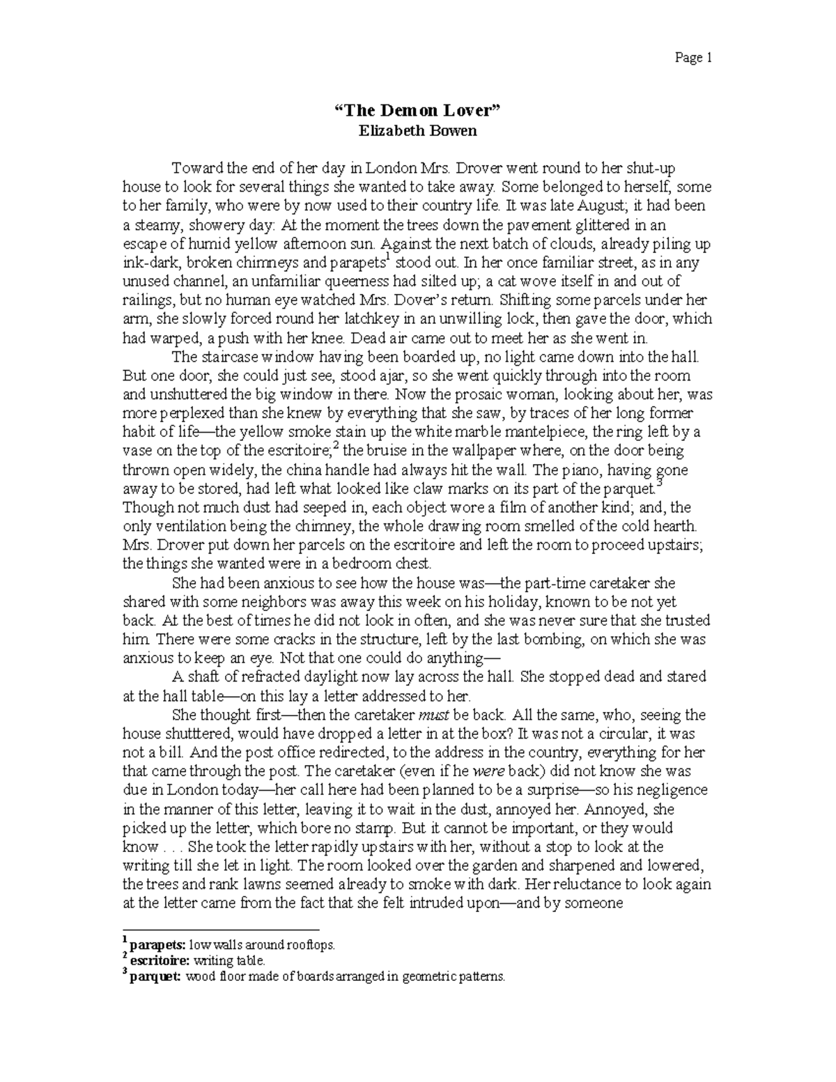 Demon Lover practice notes for ENG 2135 - “The Demon Lover” Elizabeth ...