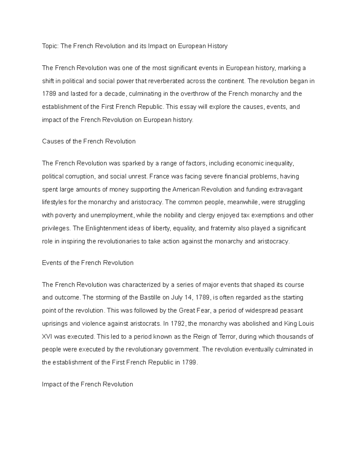 Topic The French Revolution and its Impact on European History - The ...