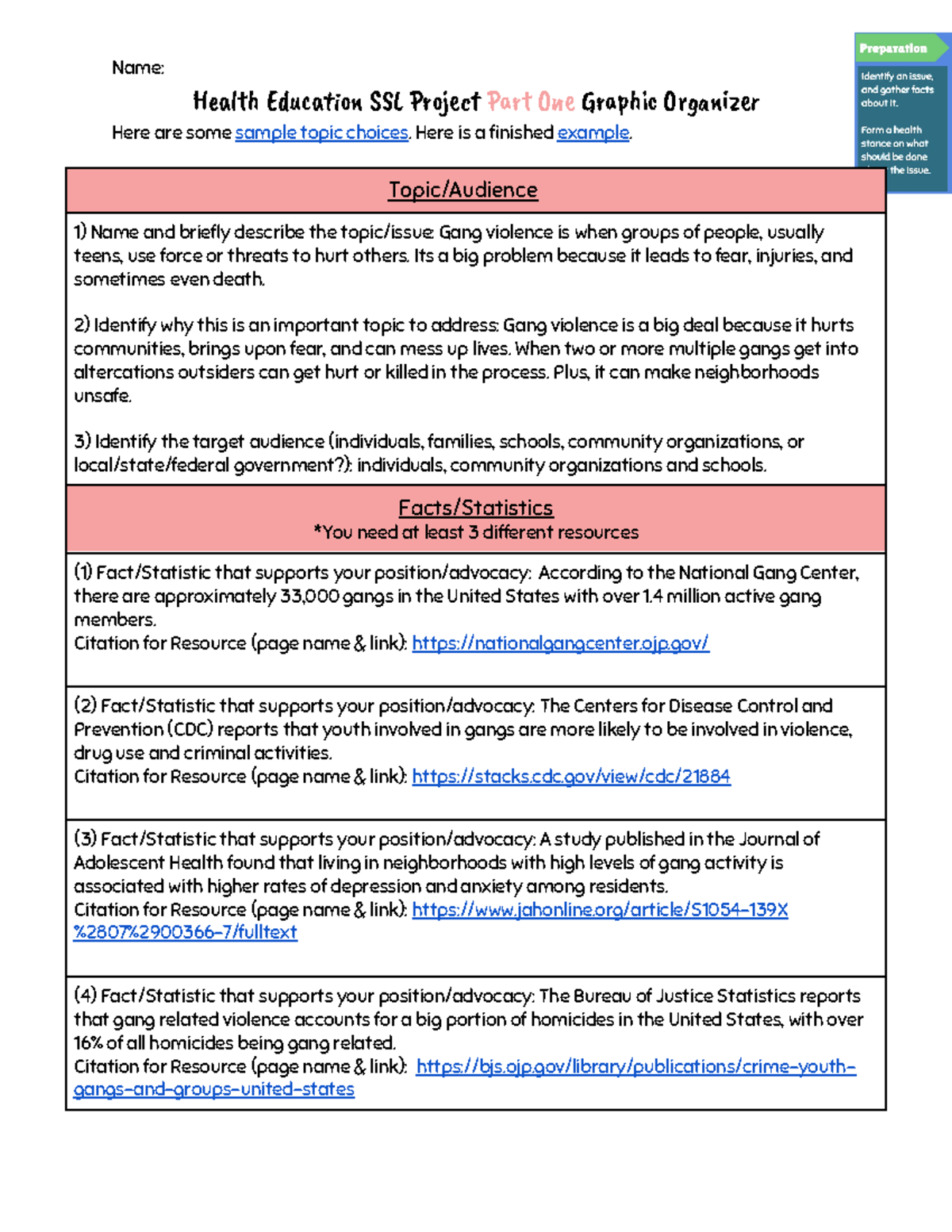 SSL Graphic Organizer Part One - Name: Health Education SSL Project Part One Graphic Organizer ...
