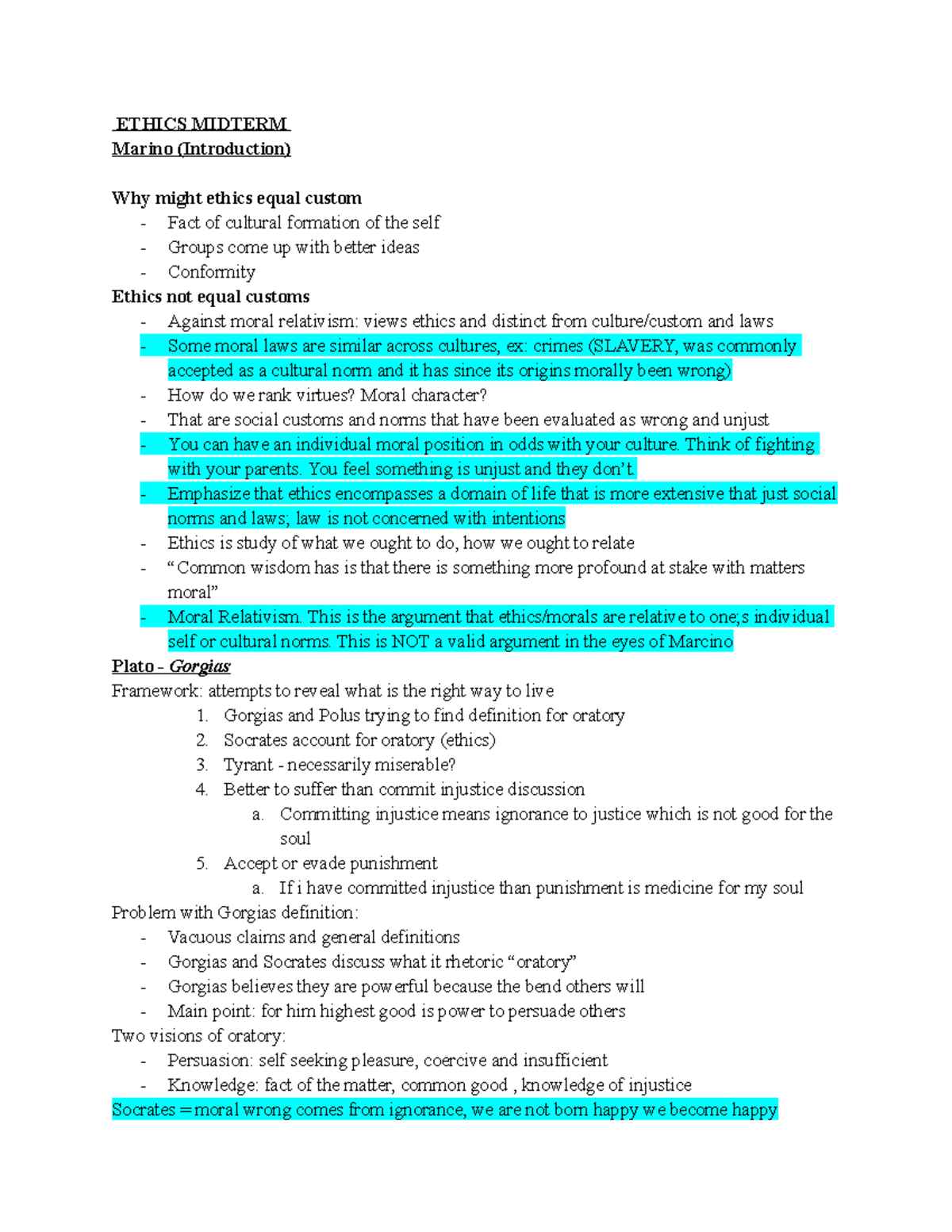 Ethics Midterm Review - ETHICS MIDTERM Marino (Introduction) Why might ...