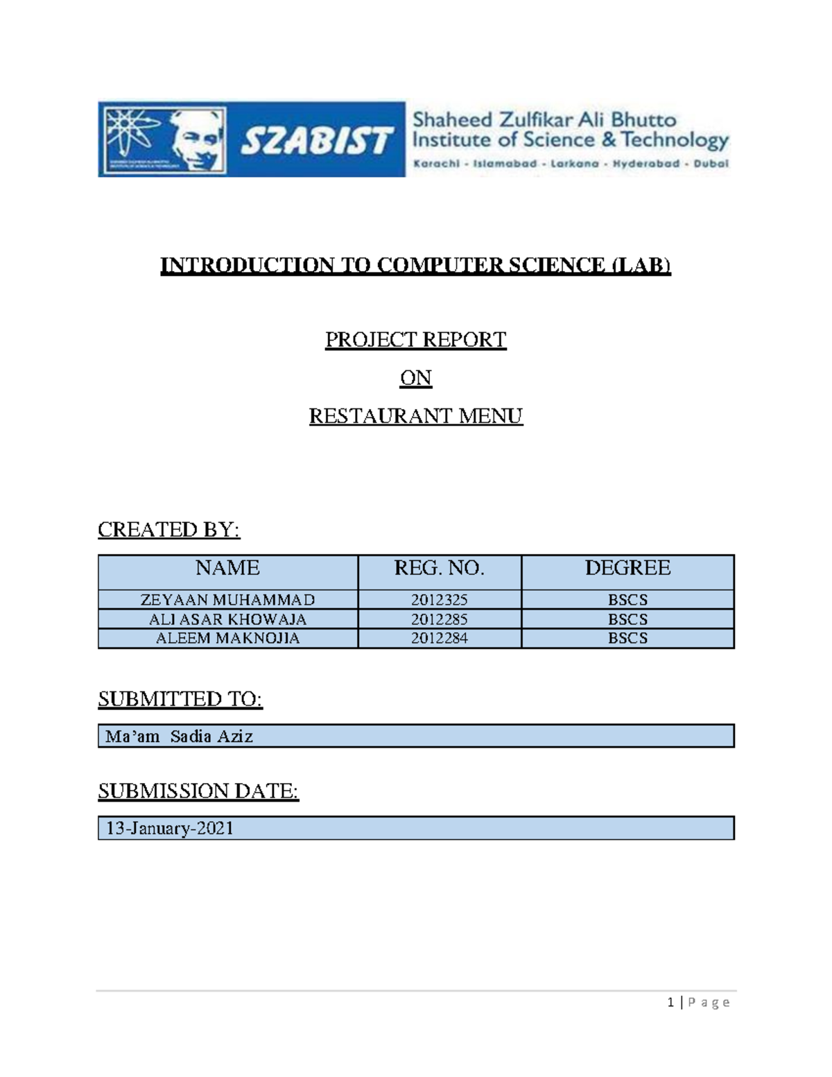 Project Report Restaurant Menu - INTRODUCTION TO COMPUTER SCIENCE (LAB ...