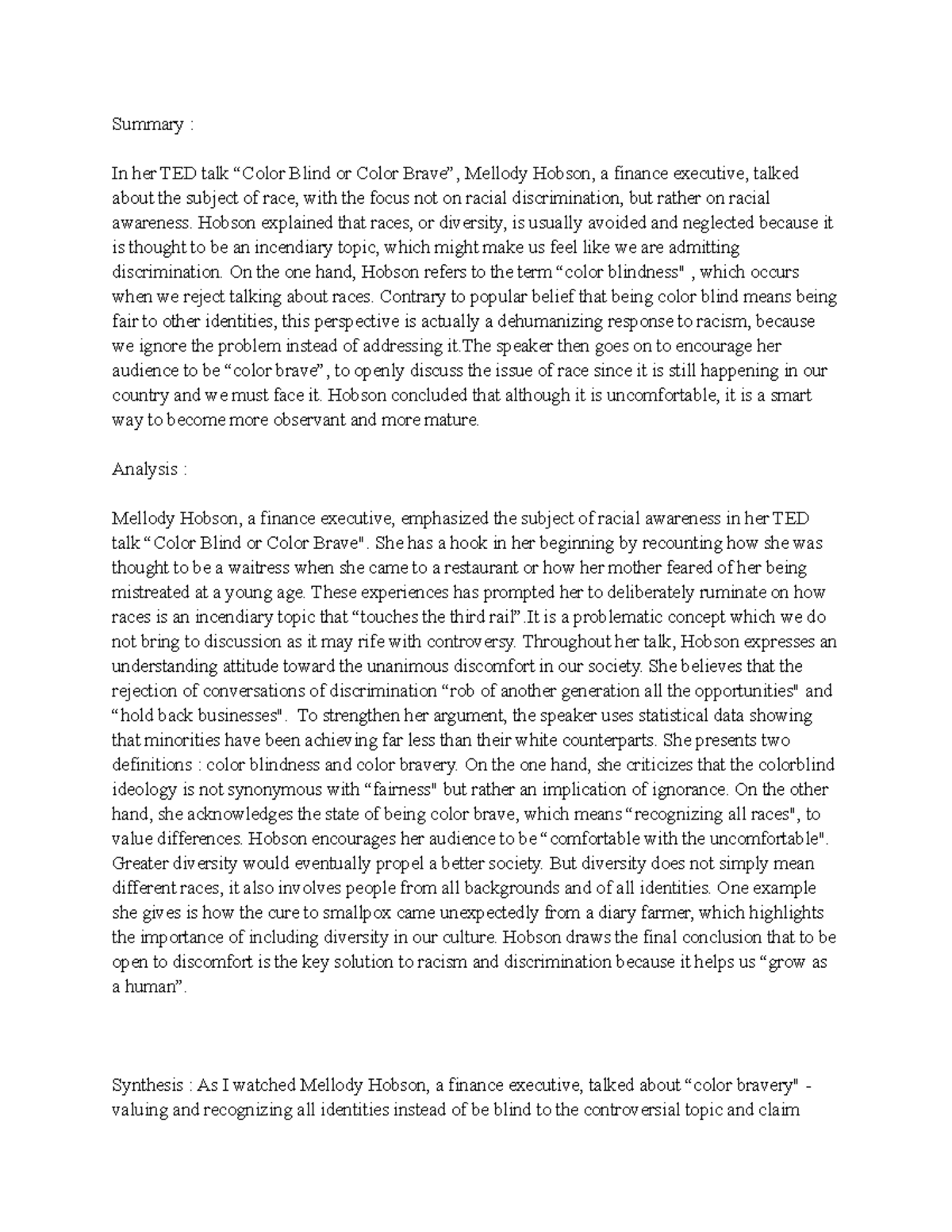 Color blind or Color brave - Summary : In her TED talk “Color Blind or ...