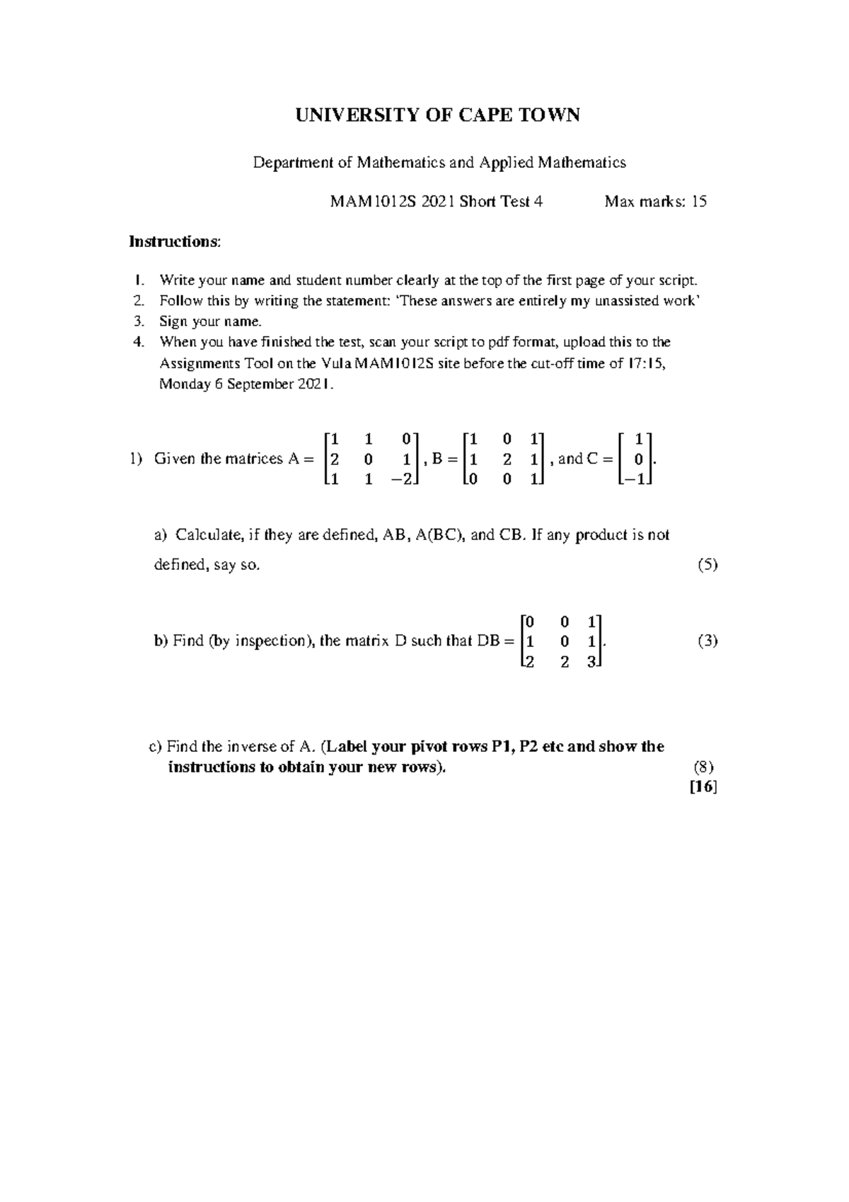 MAM1012S 2021 Short test 4. Introduction to matrices. Matricy ...