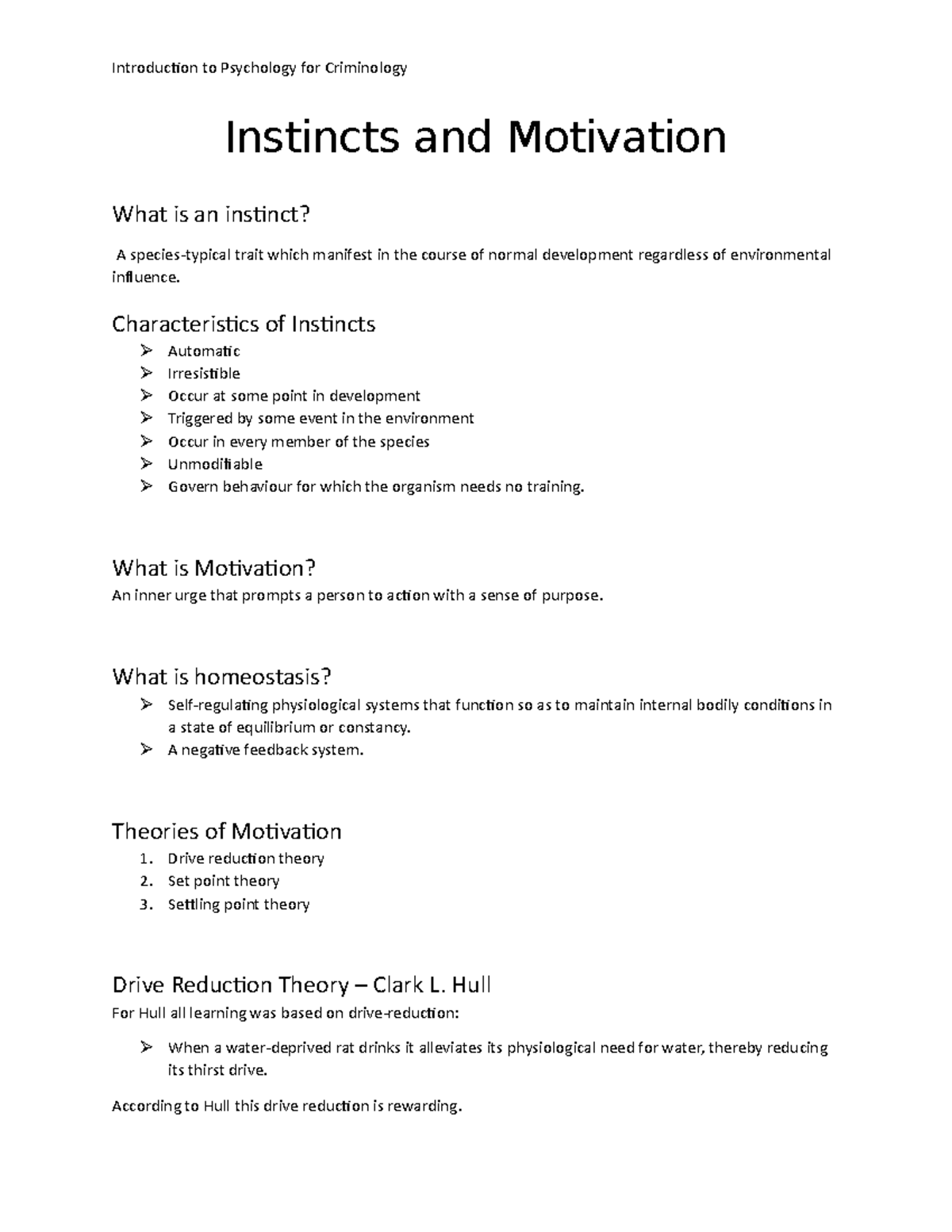 Instincts and Motivation - Introduction to Psychology for Criminology ...