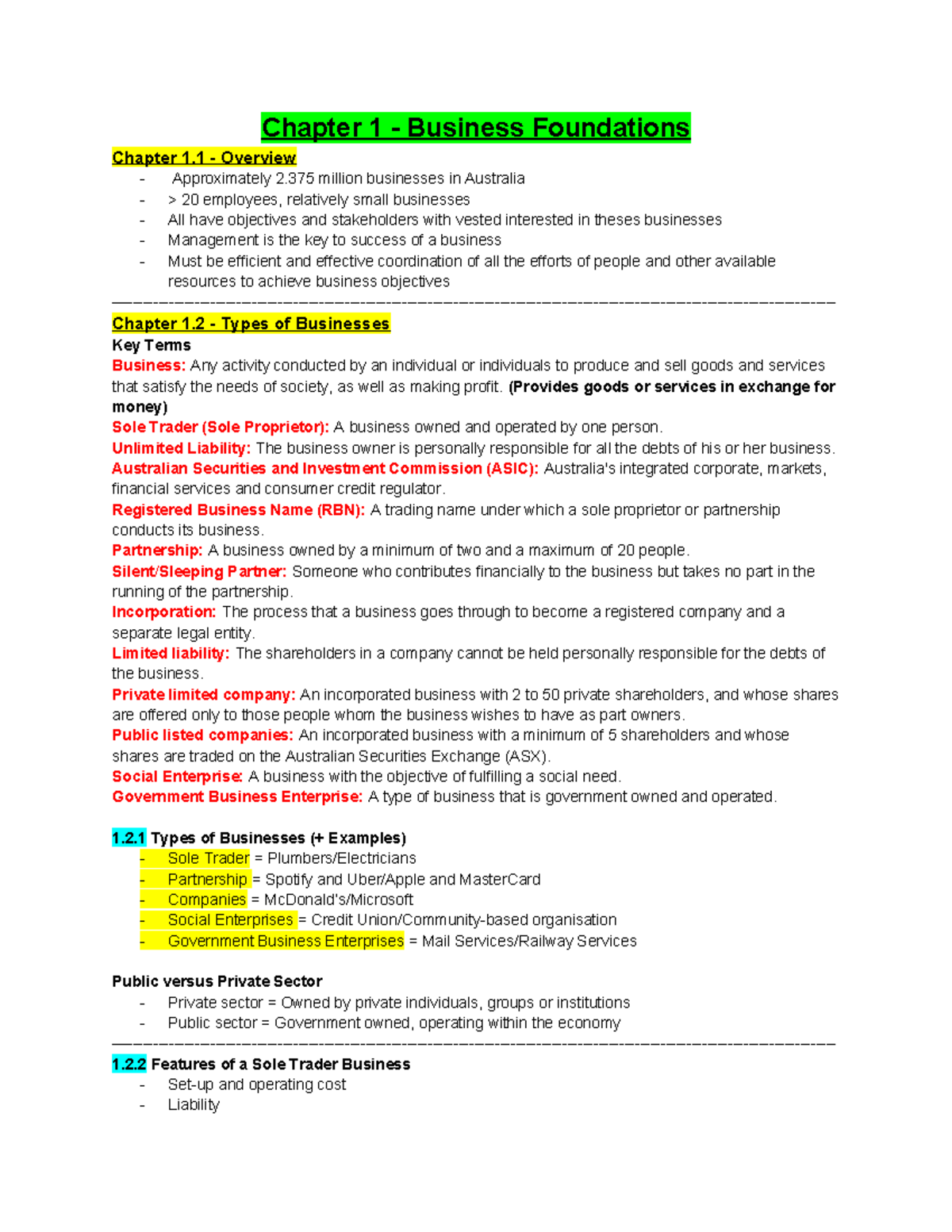 Business Management Chapter 1 Notes - Chapter 1 - Business Foundations ...