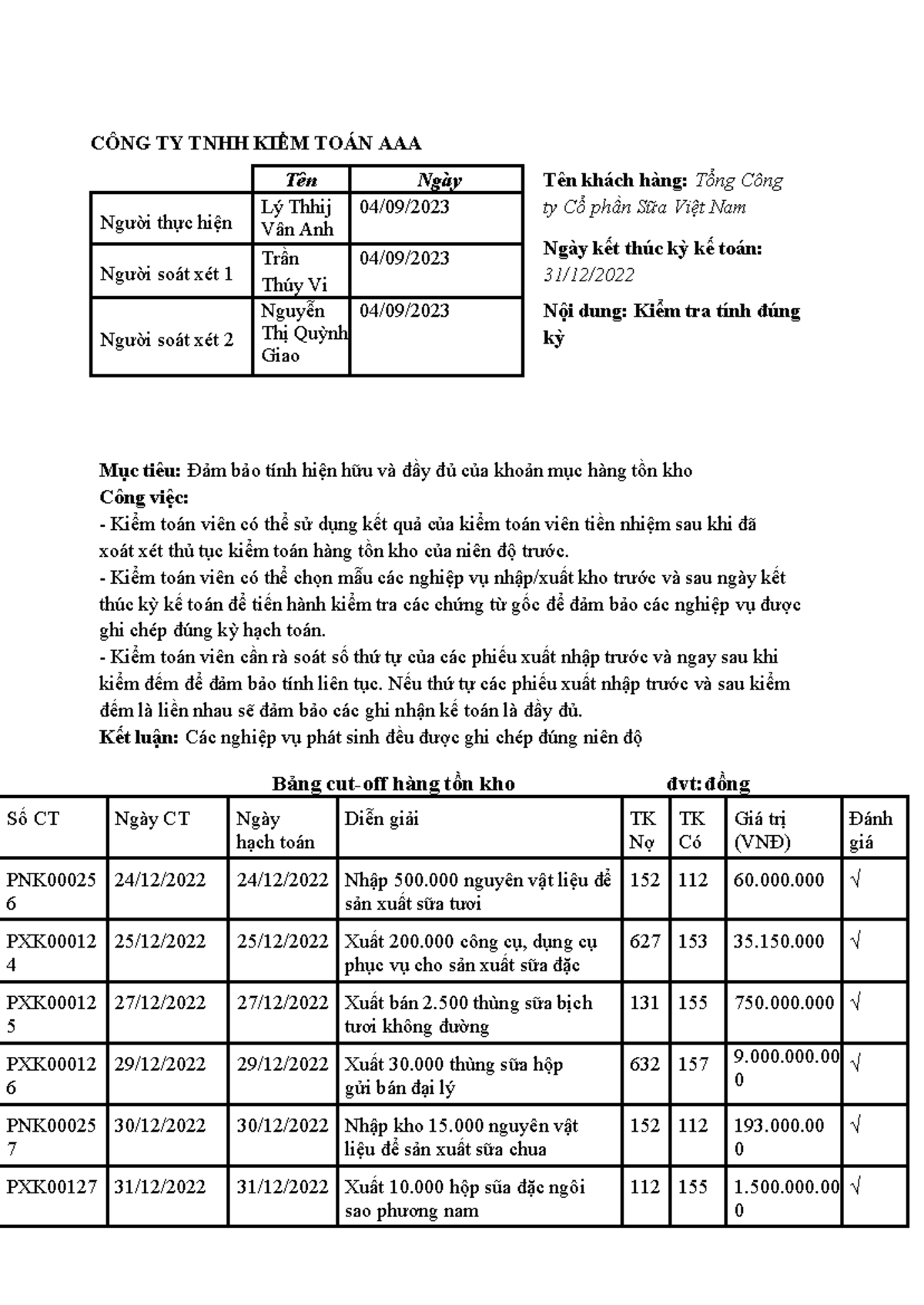 Kiểm tra tính đúng kì hàng tồn kho - CÔNG TY TNHH KIỂM TOÁN AAA Tên ...