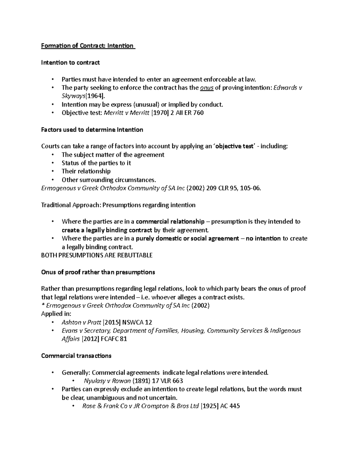 Week 3 Lecture Notes - Formation of Contract: Intention Intention to ...