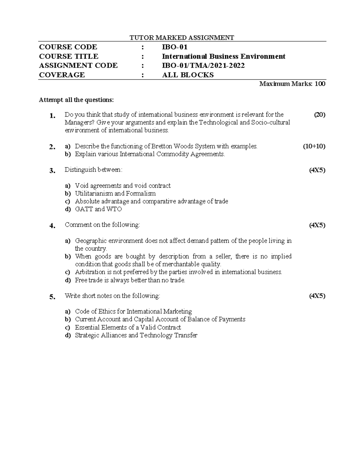 IBO-1 EM - IGNOU Student - TUTOR MARKED ASSIGNMENT COURSE CODE : IBO- COURSE TITLE ...