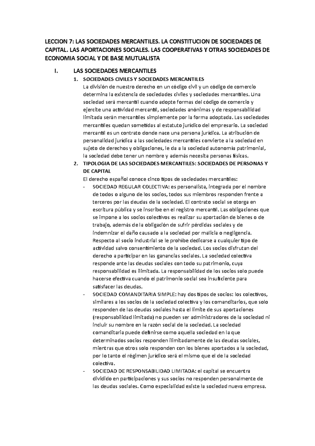 Leccion 7 Resumida Derecho - LECCION 7: LAS SOCIEDADES MERCANTILES. LA CONSTITUCION DE ...