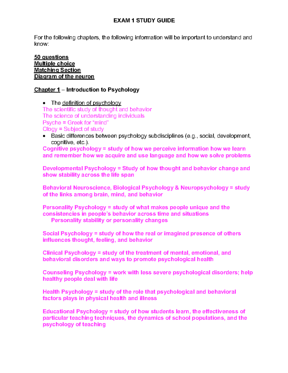 Exam 1 psych study guide - For the following chapters, the following ...