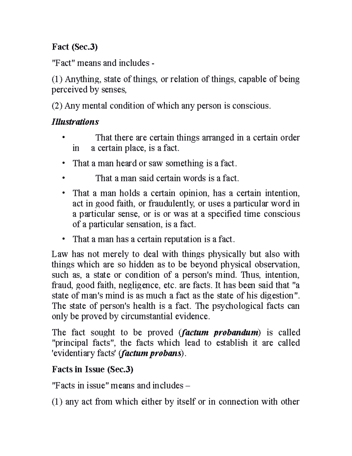 645656 1619277444 - Law of evidence - facts notes - Fact (Sec) "Fact ...