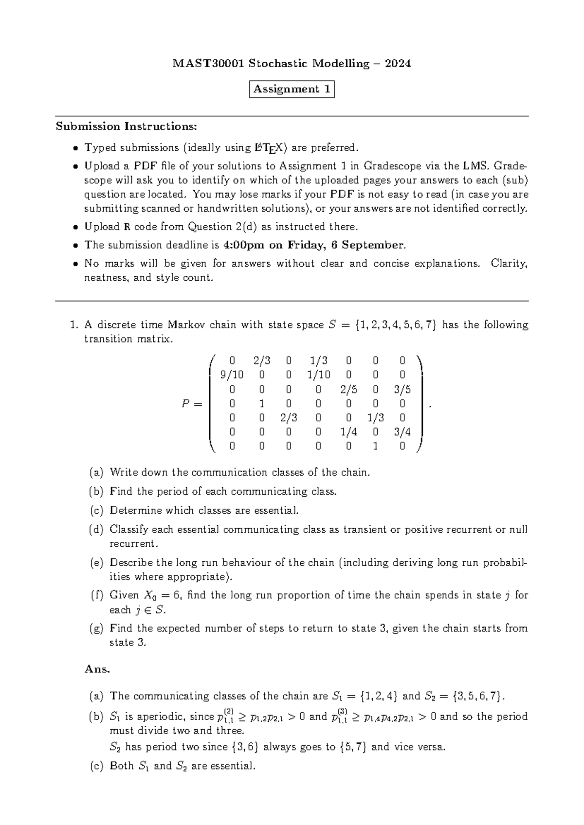 Mast30001 Assign 1 2024 Sol Mast30001 Stochastic Modelling 2024 Assignment 1 Submission