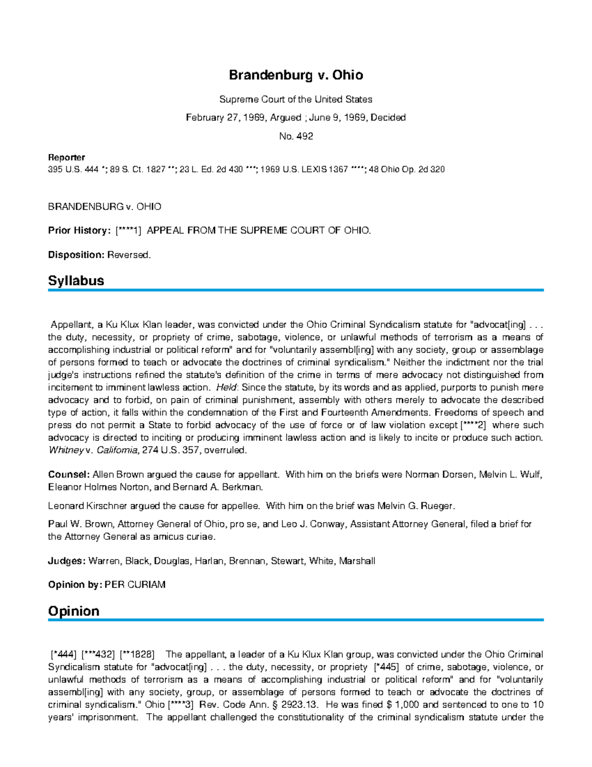Brandenburg v. Ohio - talking about the cases in law - Brandenburg v ...