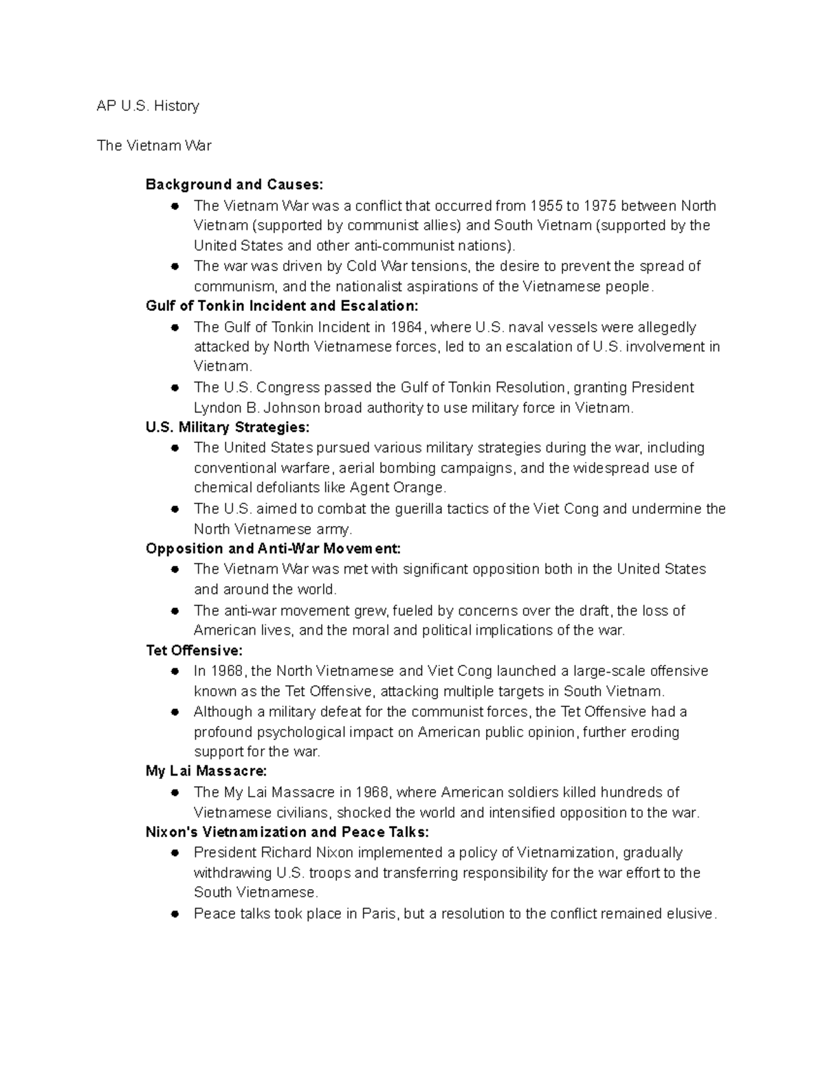 AP U.S. History - The Vietnam War - AP U. History The Vietnam War ...