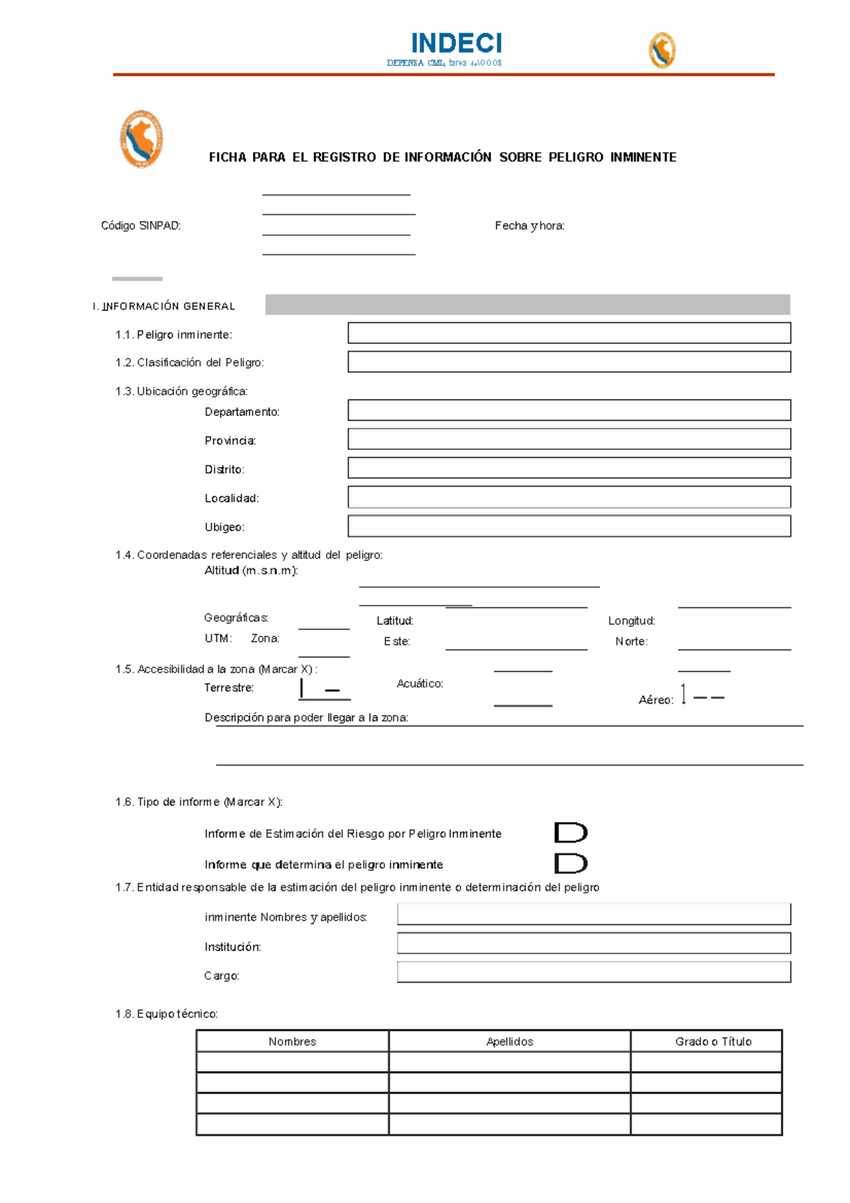 Ficha de peligro inminente 1 2048 - INDECI DEFENSA CML, tarea de\OOOS FICHA PARA EL REGISTRO DE ...