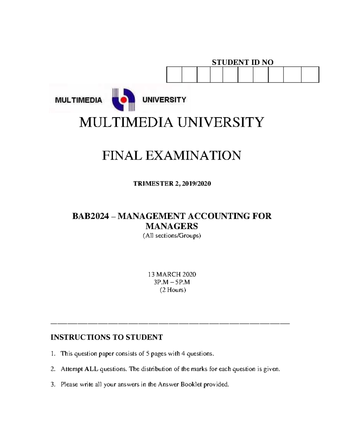 BAB2024FQ 13th March 2020 - MULTIMEDIA UNIVERSITY FINAL EXAMINATION ...