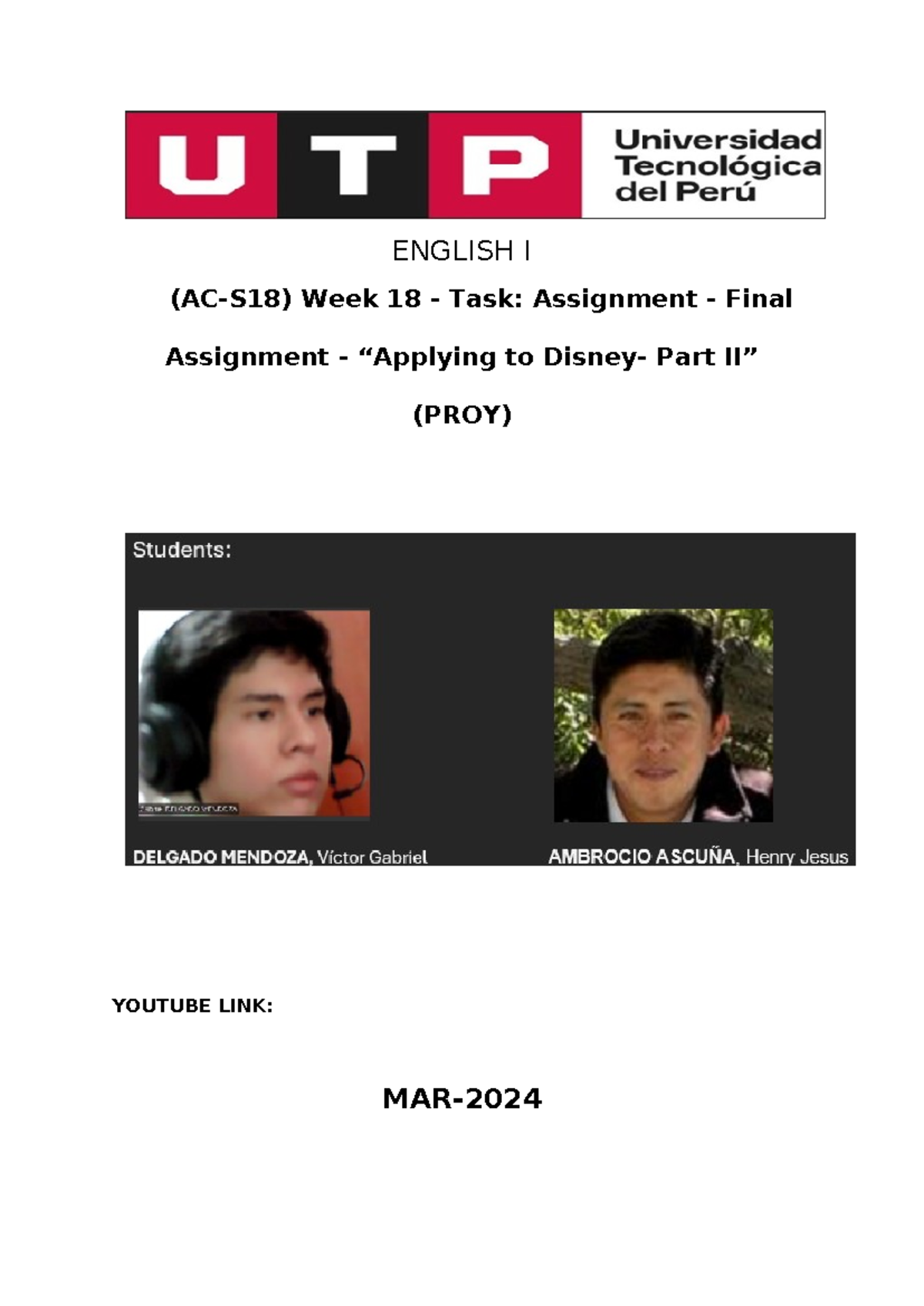 Ingles S18 - Ingles I - ENGLISH I 🔴 (AC-S18) Week 18 - Task: Assignment - Final Assignment ...