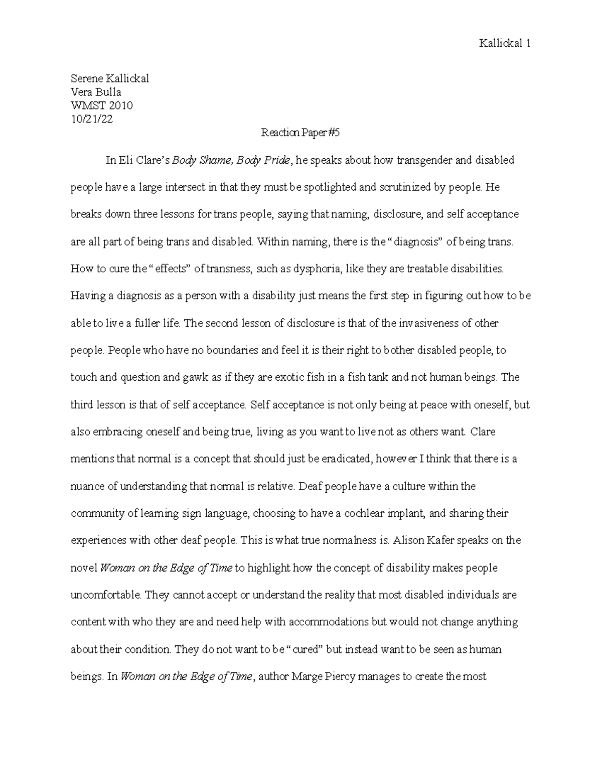 Reaction Paper #5 - Summary of Body Shame, Body Pride by Eli Clare and ...