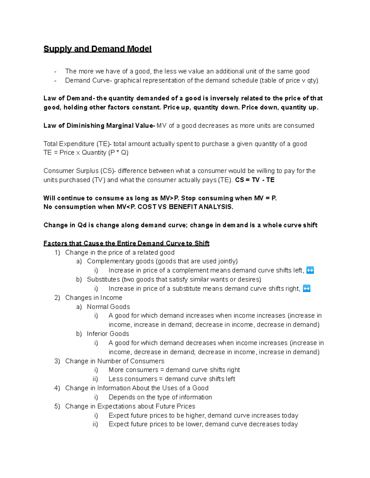 Condensed Econ 101 Midterm #1 Notes - Supply and Demand Model The more ...