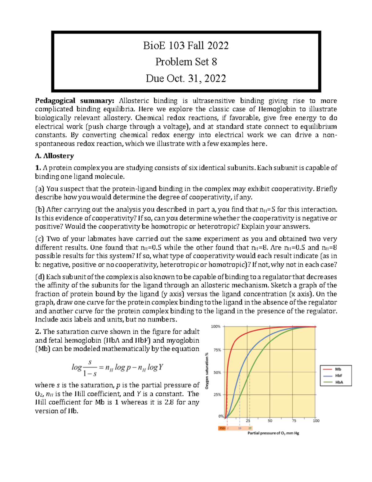 103 - HW8 - Homework assignment - BioE 103 Fall 20 22 Problem Set 8 Due ...