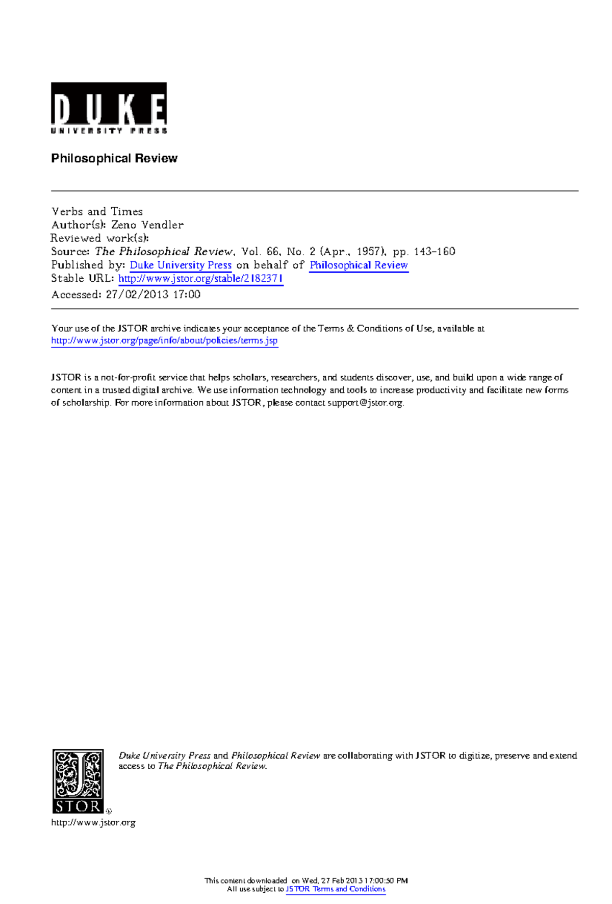 Vendler 1957 Verbs-times - Philosophical Review Verbs and Times Author ...