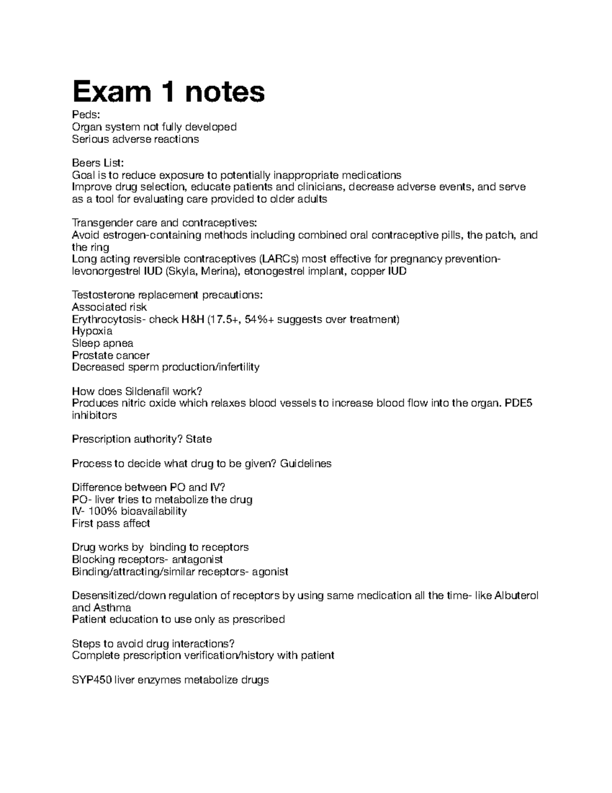 Pharm Exam 1 - Lecture notes considerations for men, peds, trans, peds ...