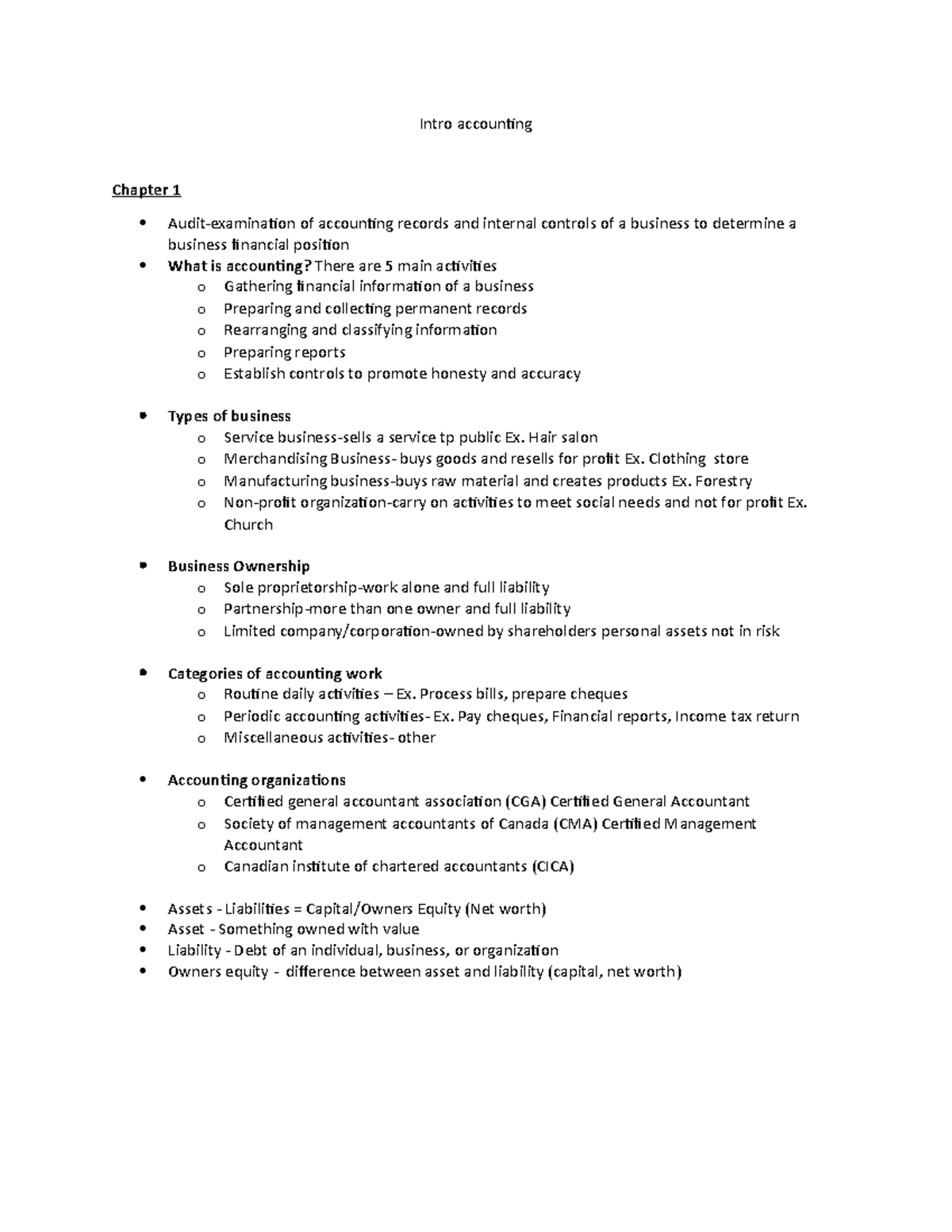 Accounting Intro notes - Intro accounting Chapter 1 Audit-examination ...