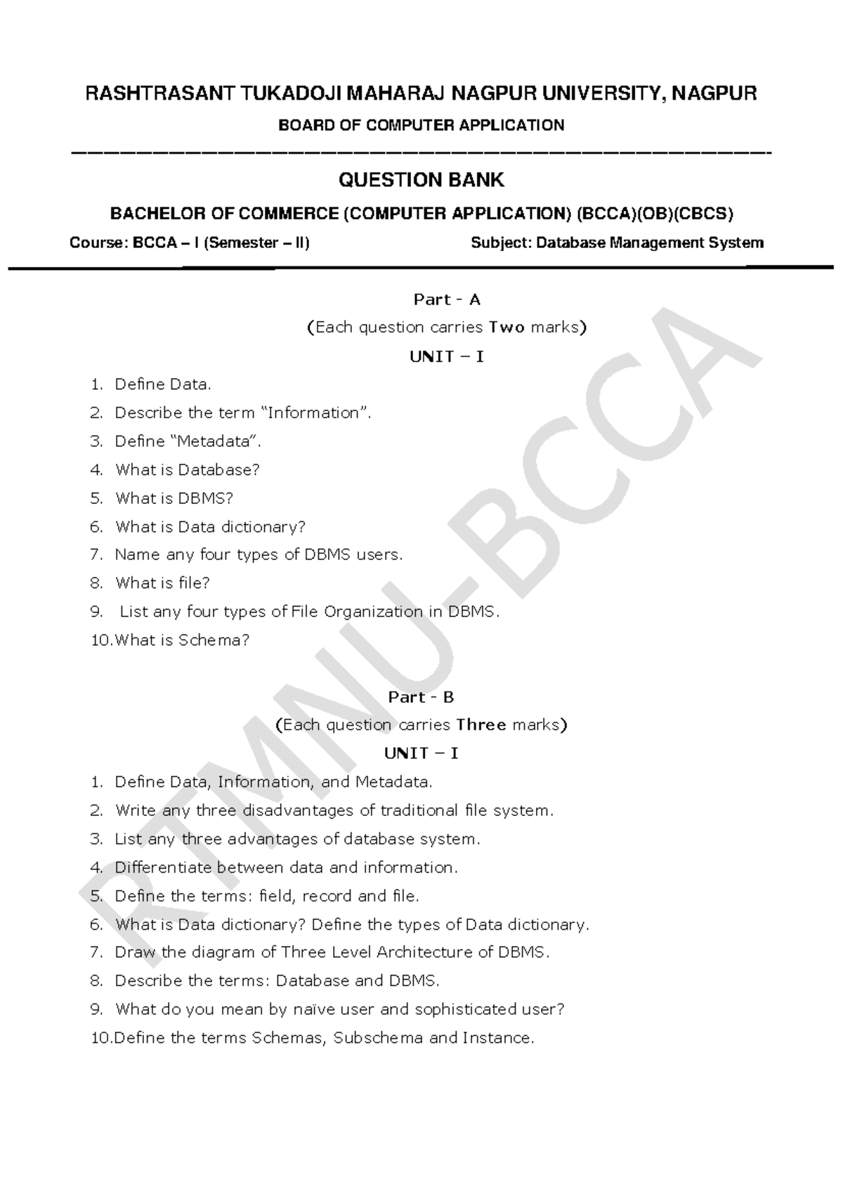 Database Mangement system Question Bank Sem-II - BOARD OF COMPUTER ...